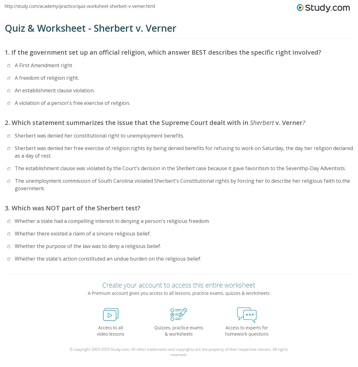 Quiz & Worksheet - Sherbert v. Verner | Study.com