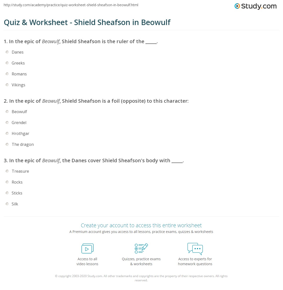 Quiz & Worksheet - Shield Sheafson in Beowulf | Study.com