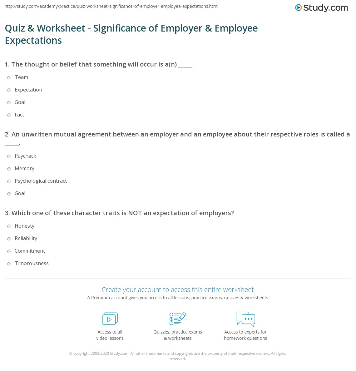Quiz & Worksheet - Significance of Employer & Employee Expectations ...