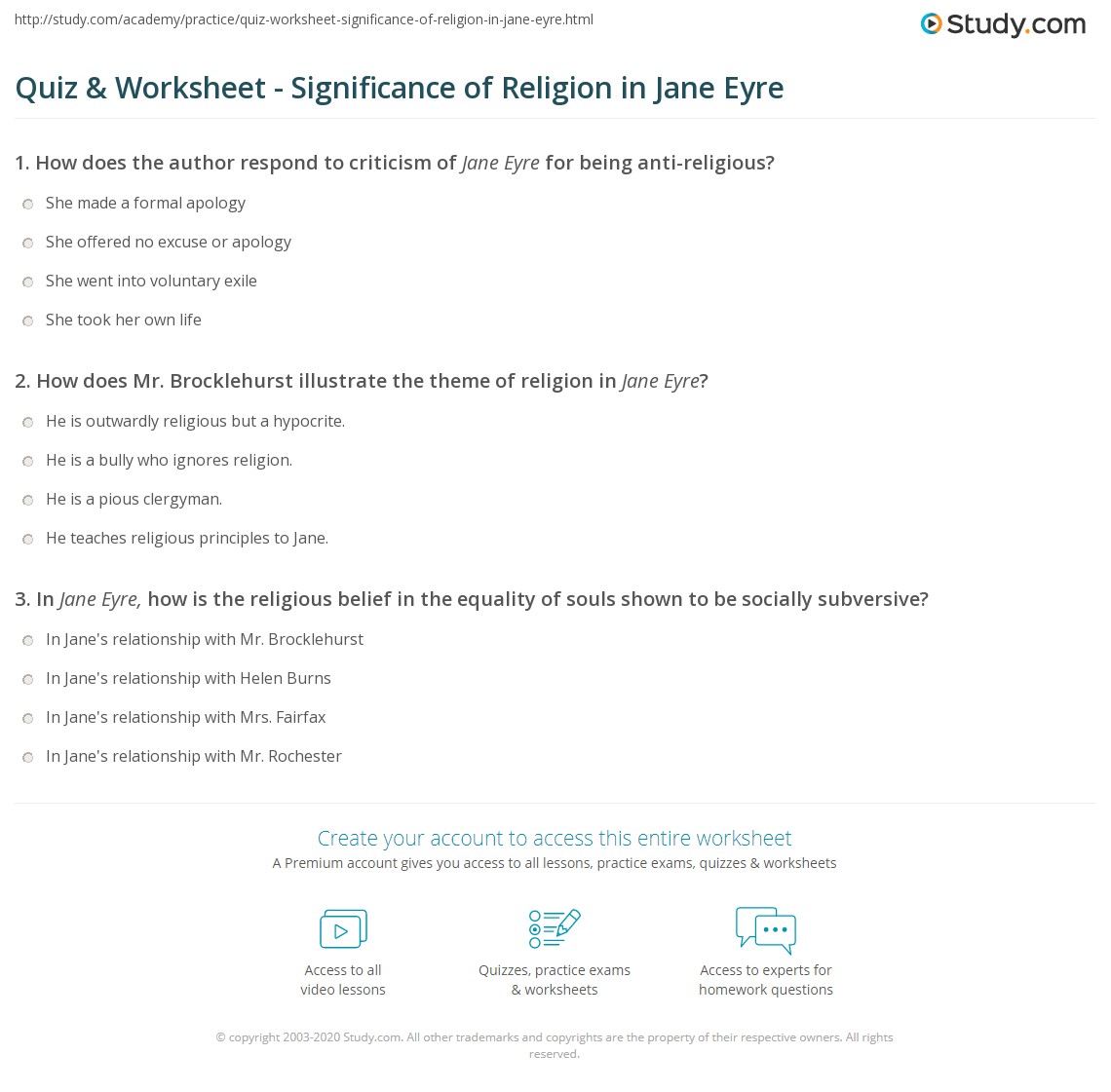 Quiz & Worksheet - Significance of Religion in Jane Eyre | Study.com