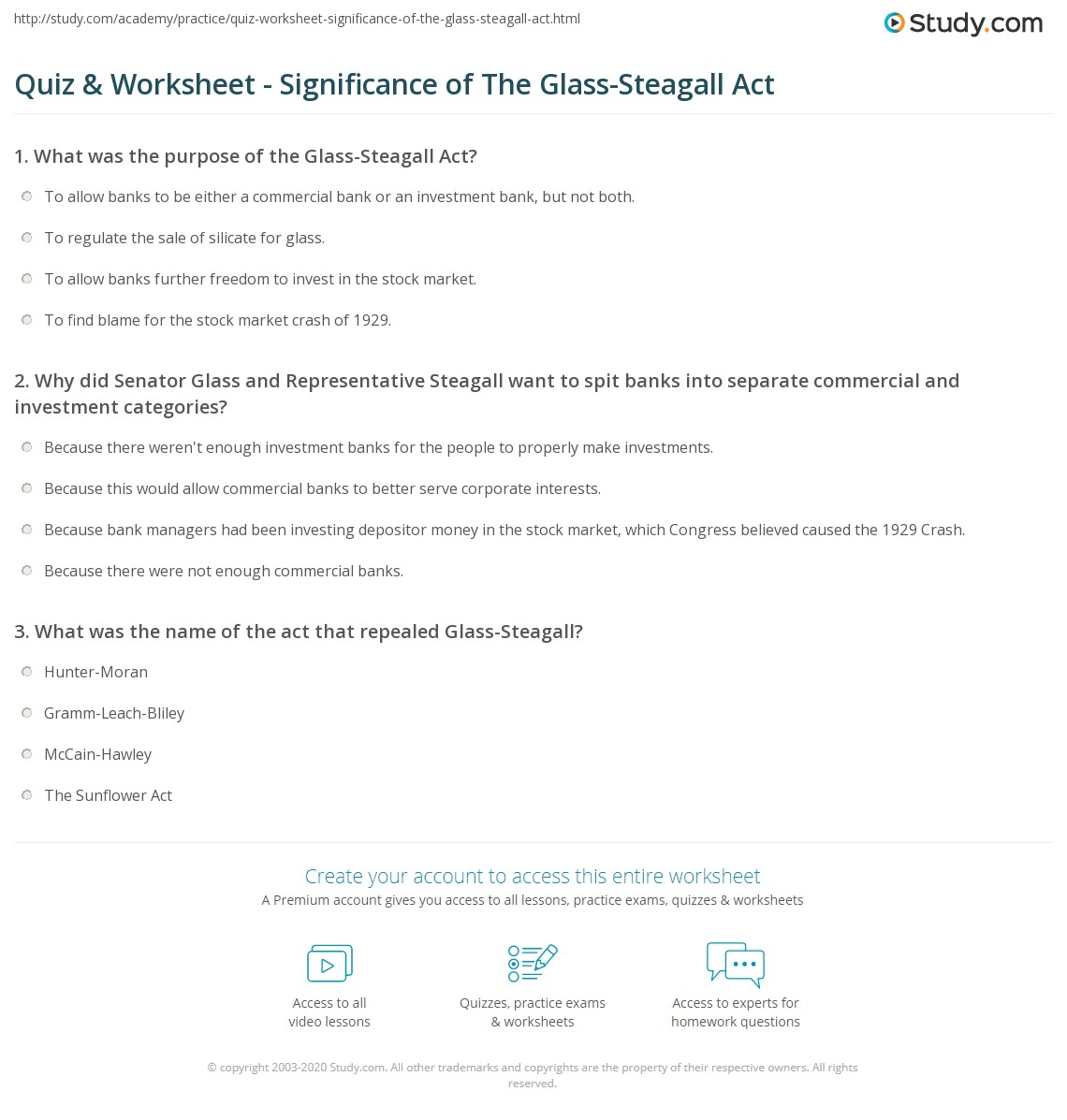 Quiz & Worksheet - Significance of The Glass-Steagall Act | Study.com