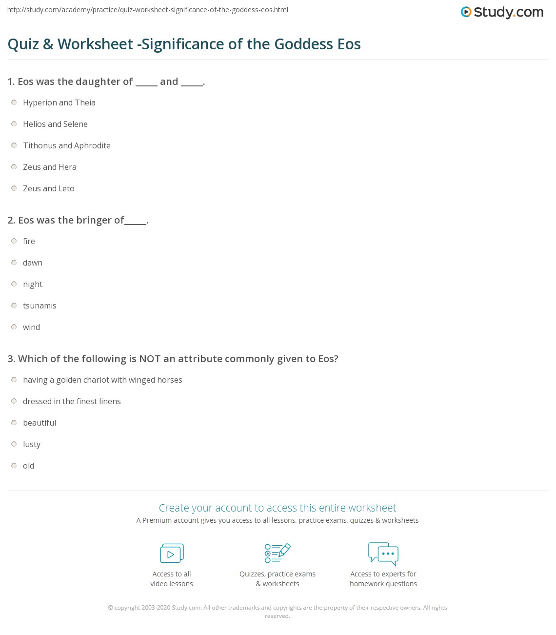 Quiz & Worksheet -Significance of the Goddess Eos | Study.com