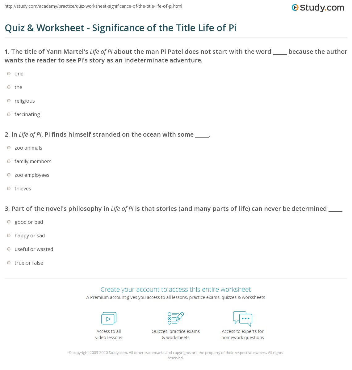 Quiz & Worksheet - Significance of the Title Life of Pi | Study.com