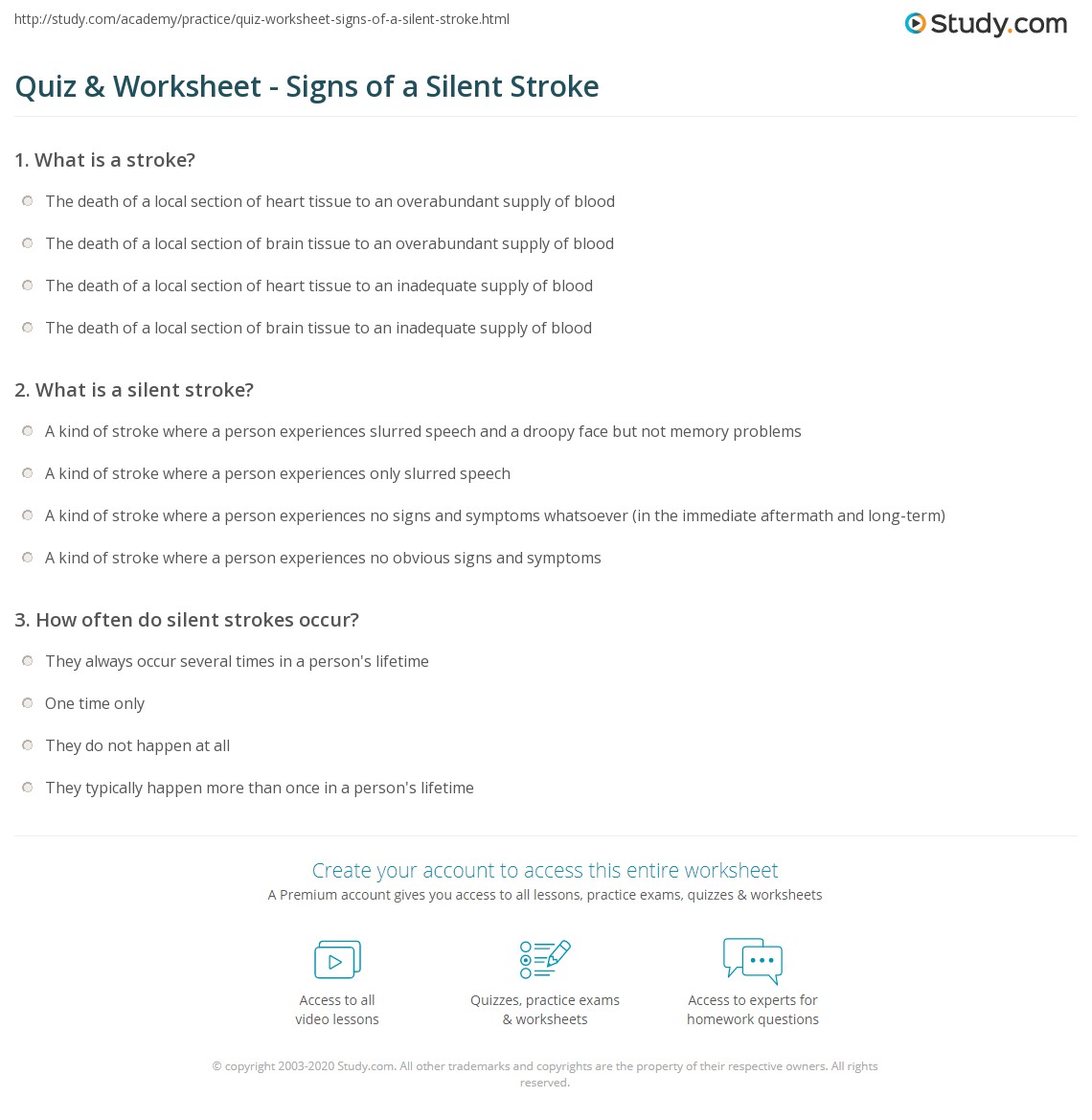 Quiz & Worksheet - Signs of a Silent Stroke | Study.com