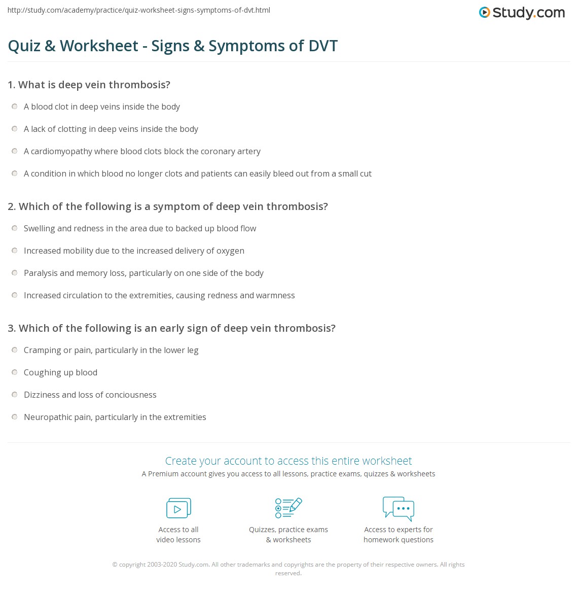 Quiz & Worksheet - Signs & Symptoms of DVT | Study.com