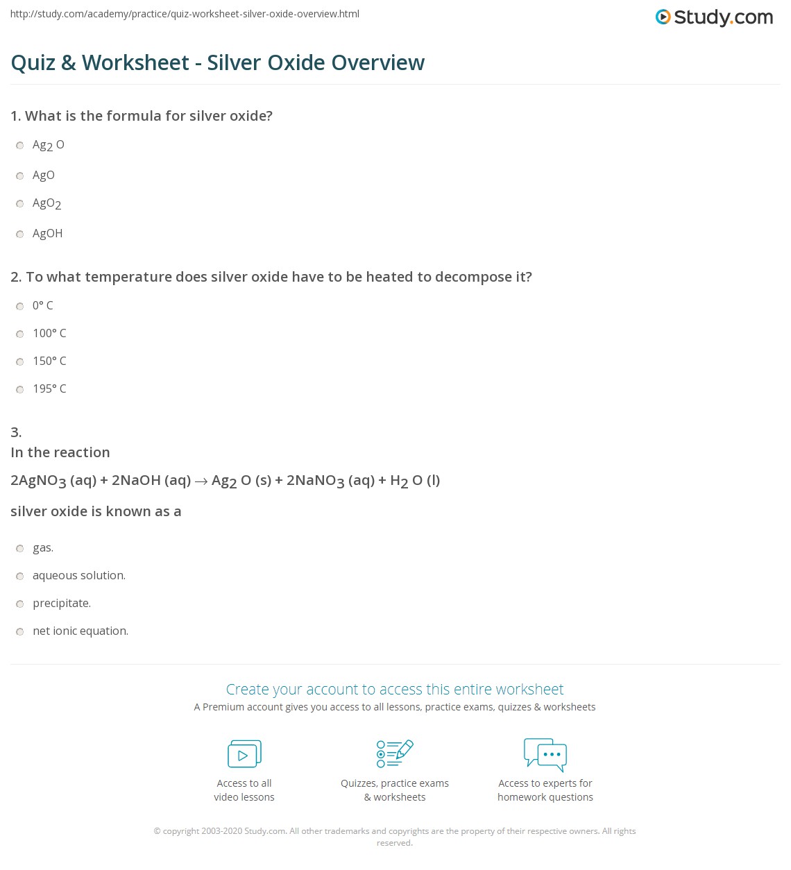 Quiz & Worksheet - Silver Oxide Overview | Study.com