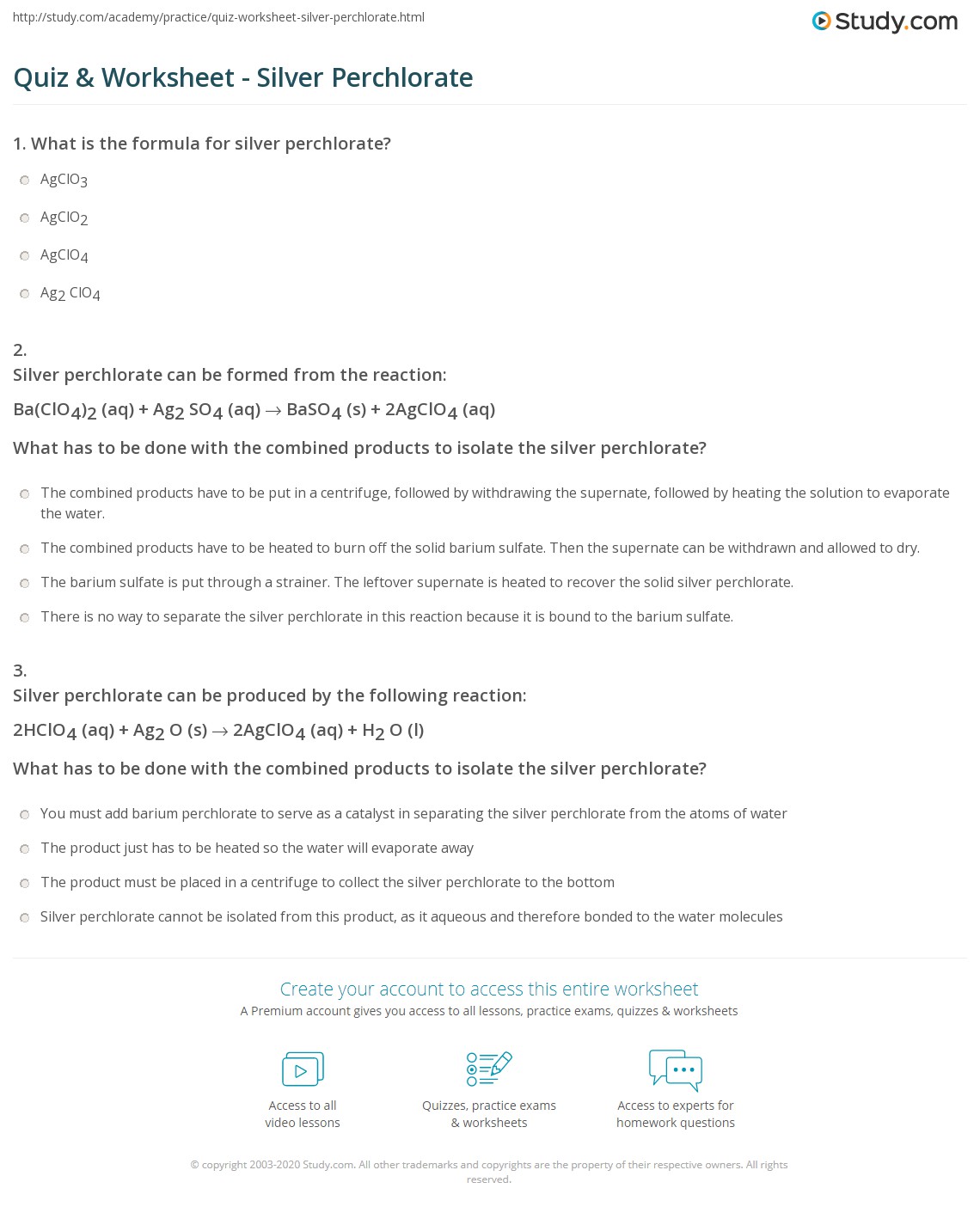 Quiz & Worksheet - Silver Perchlorate | Study.com