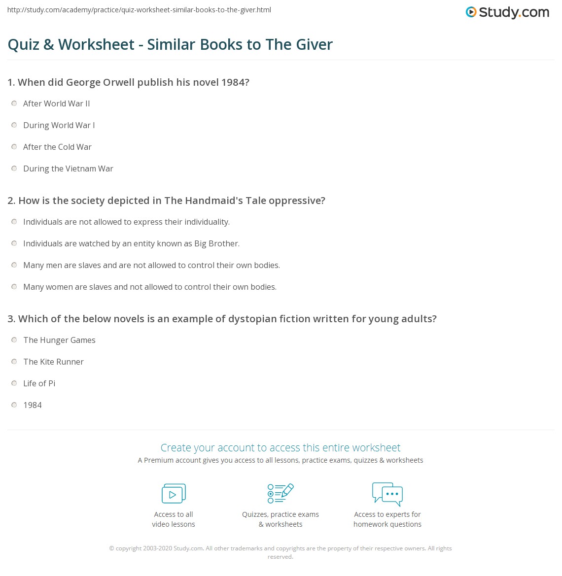 Quiz & Worksheet - Similar Books to The Giver | Study.com