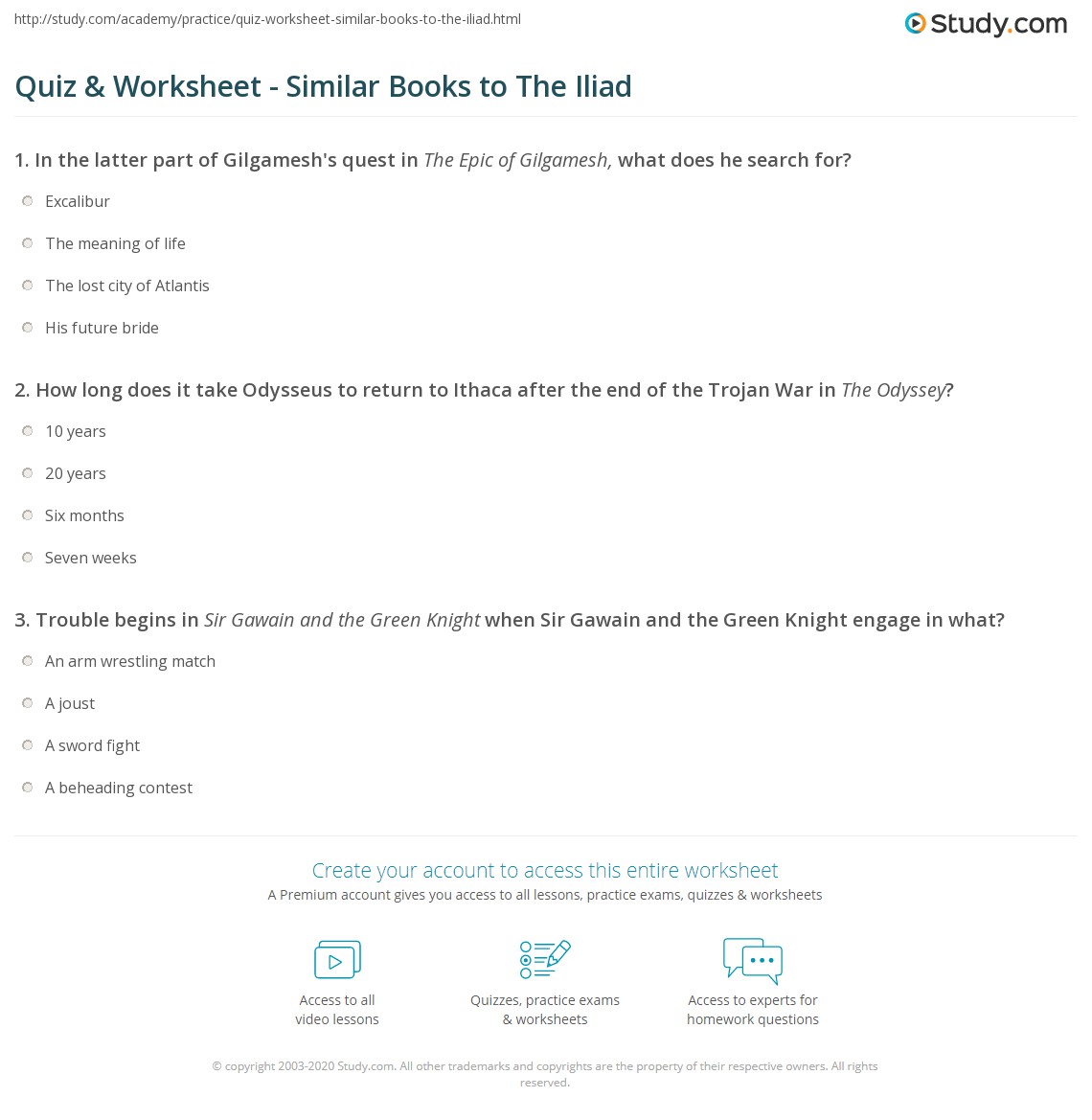 Quiz & Worksheet - Similar Books to The Iliad | Study.com