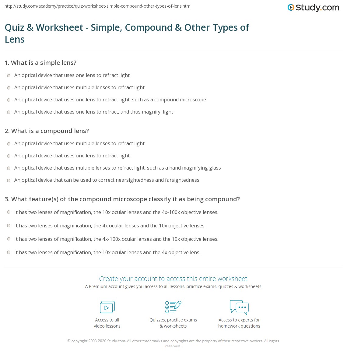 Quiz & Worksheet - Simple, Compound & Other Types of Lens | Study.com
