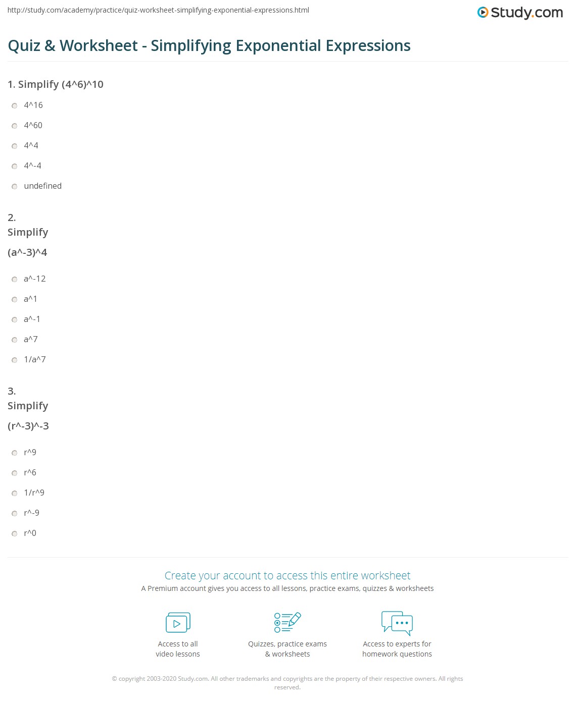 Quiz Worksheet Simplifying Exponential Expressions Study