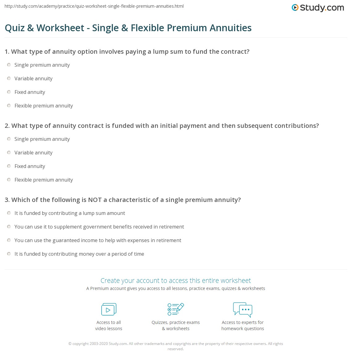 Quiz & Worksheet - Single & Flexible Premium Annuities | Study.com