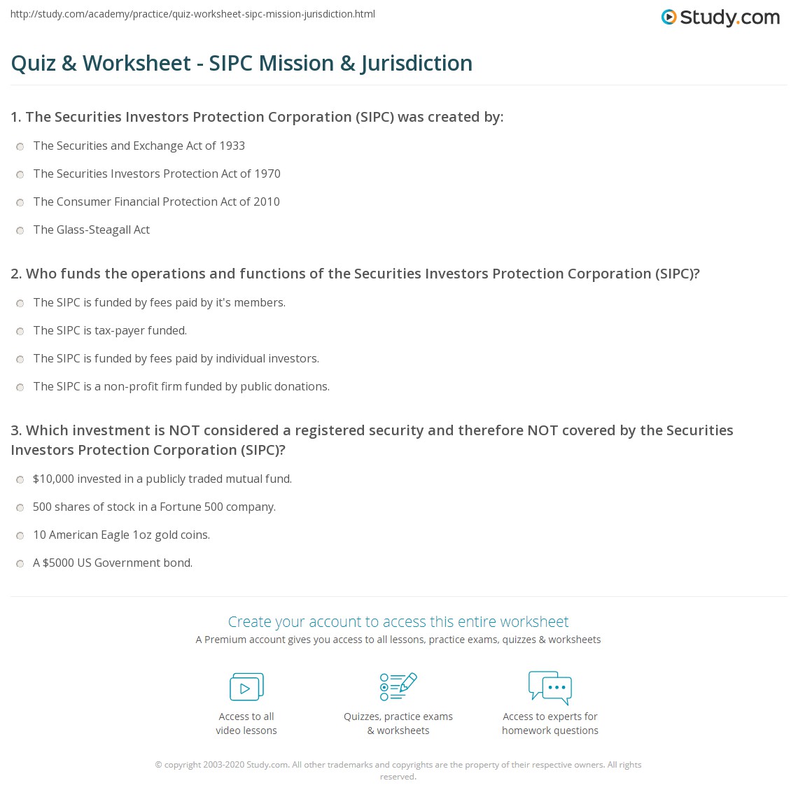 Quiz & Worksheet - SIPC Mission & Jurisdiction | Study.com