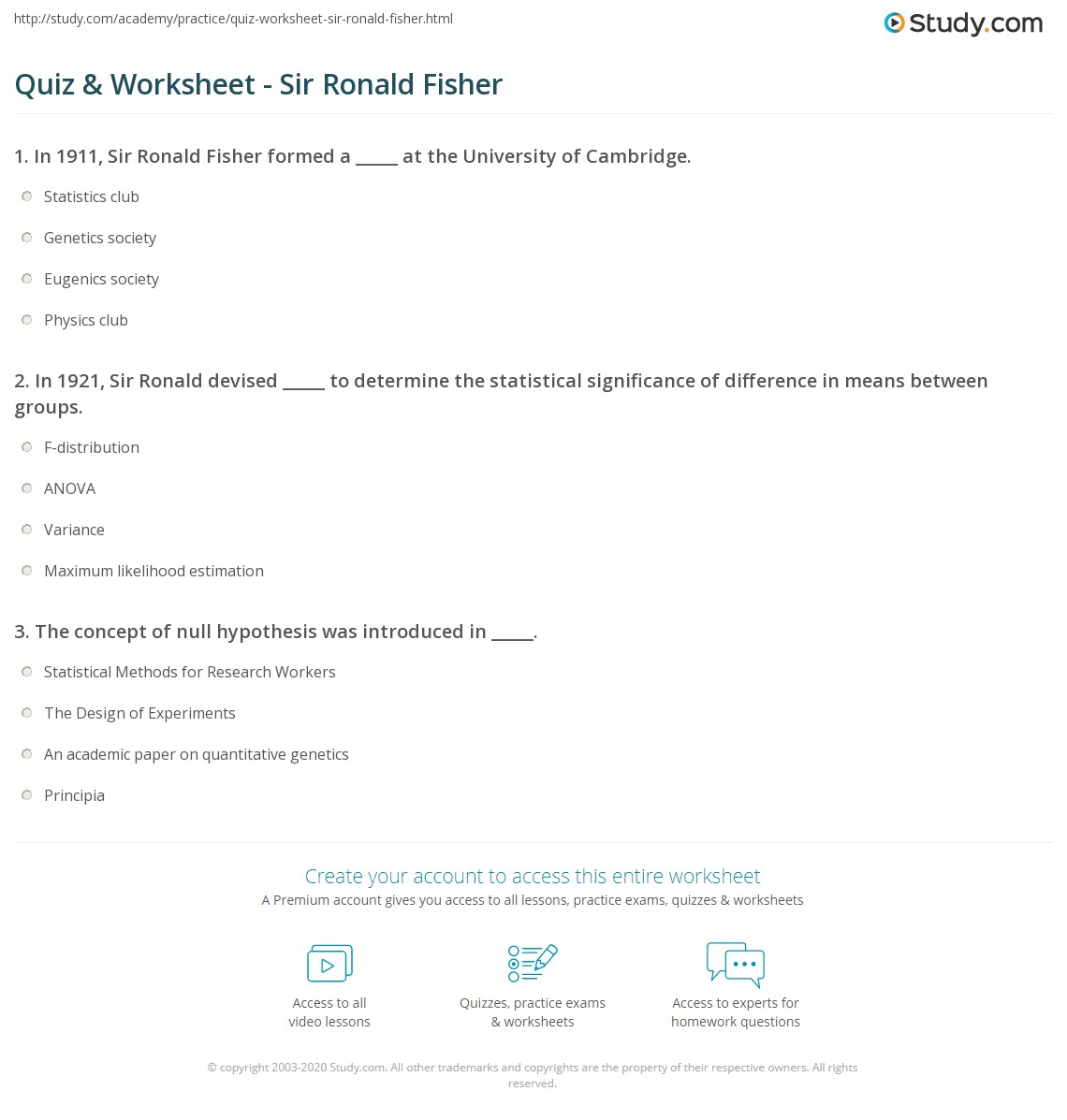 Quiz & Worksheet - Sir Ronald Fisher | Study.com