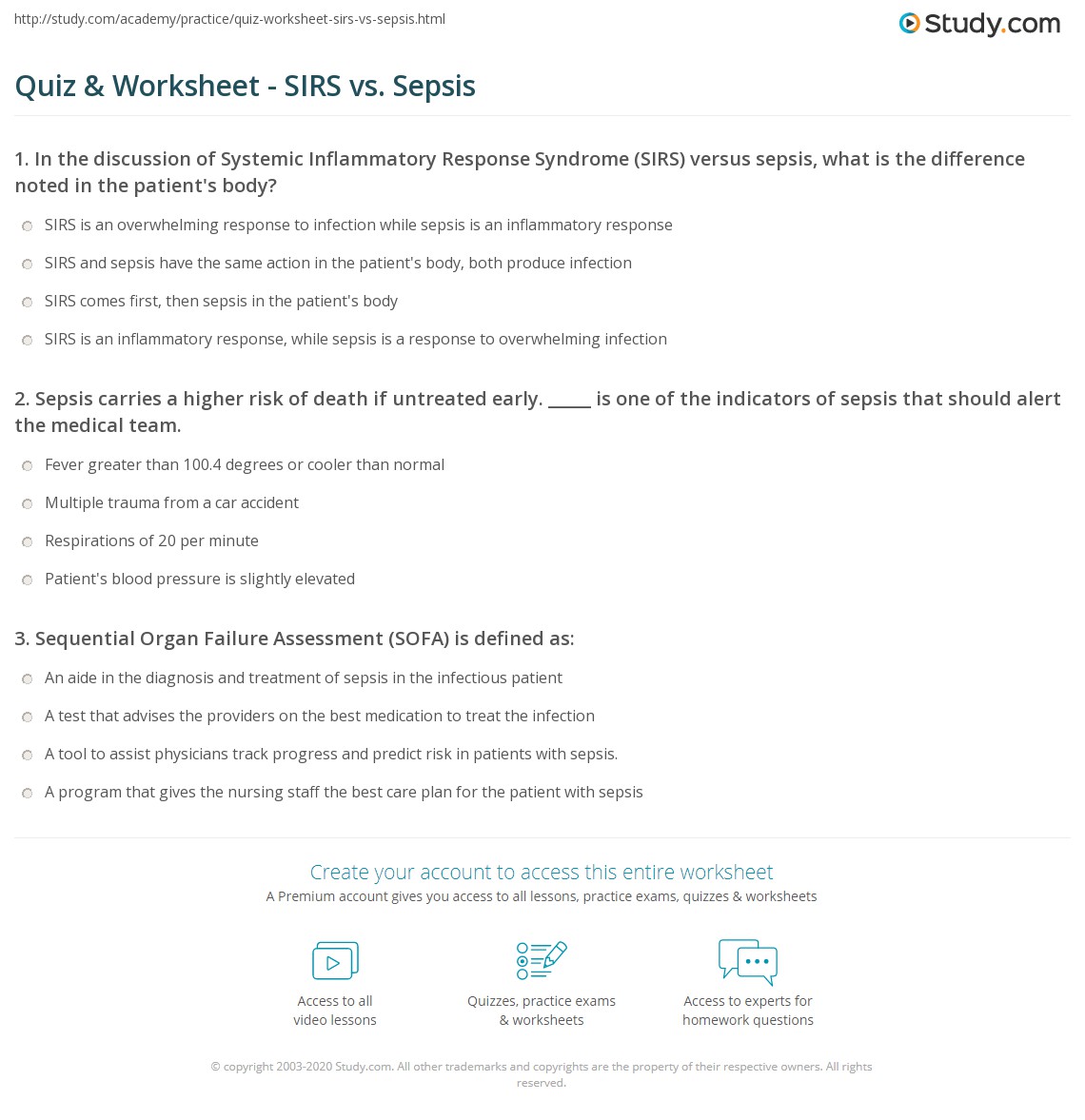 Quiz & Worksheet - SIRS vs. Sepsis | Study.com