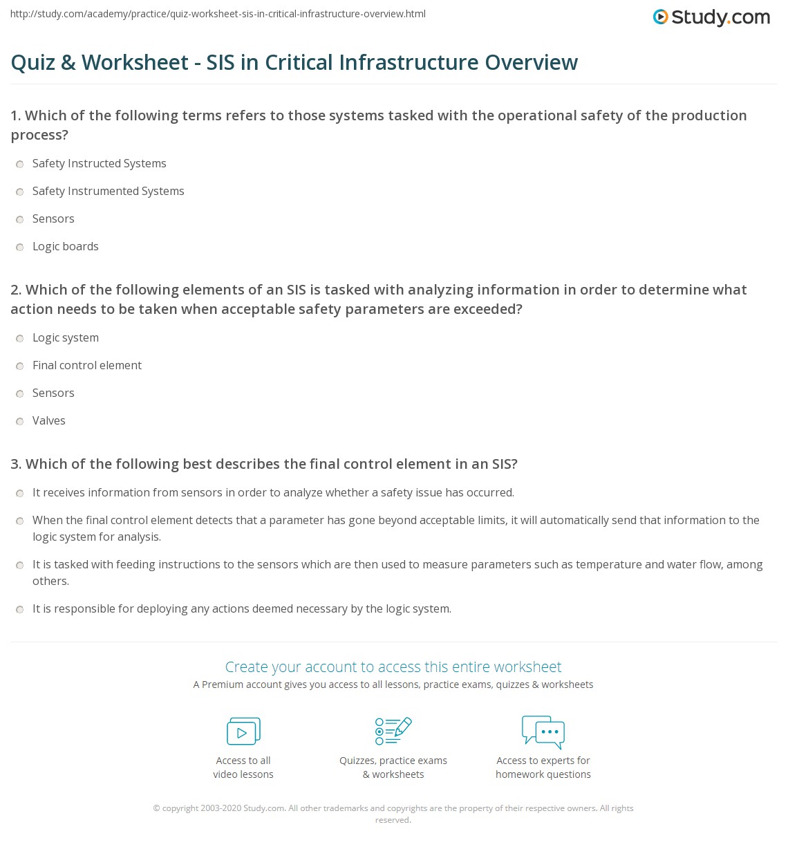 Quiz & Worksheet - SIS in Critical Infrastructure Overview | Study.com