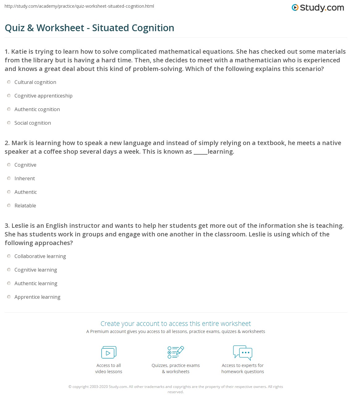 Quiz & Worksheet - Situated Cognition | Study.com