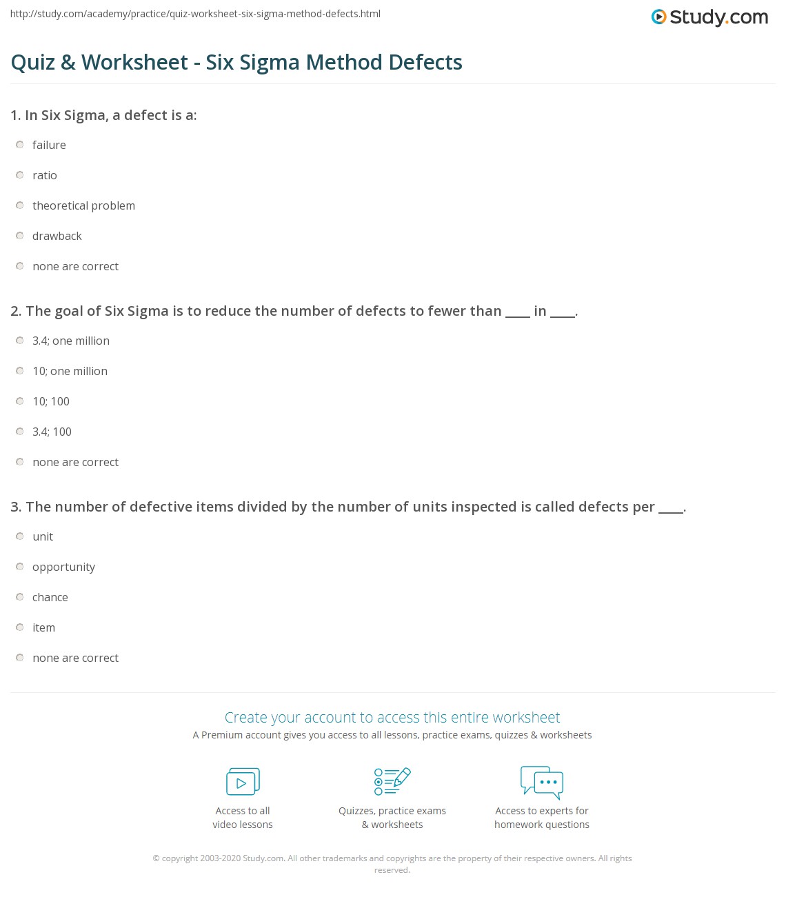 Quiz & Worksheet - Six Sigma Method Defects | Study.com
