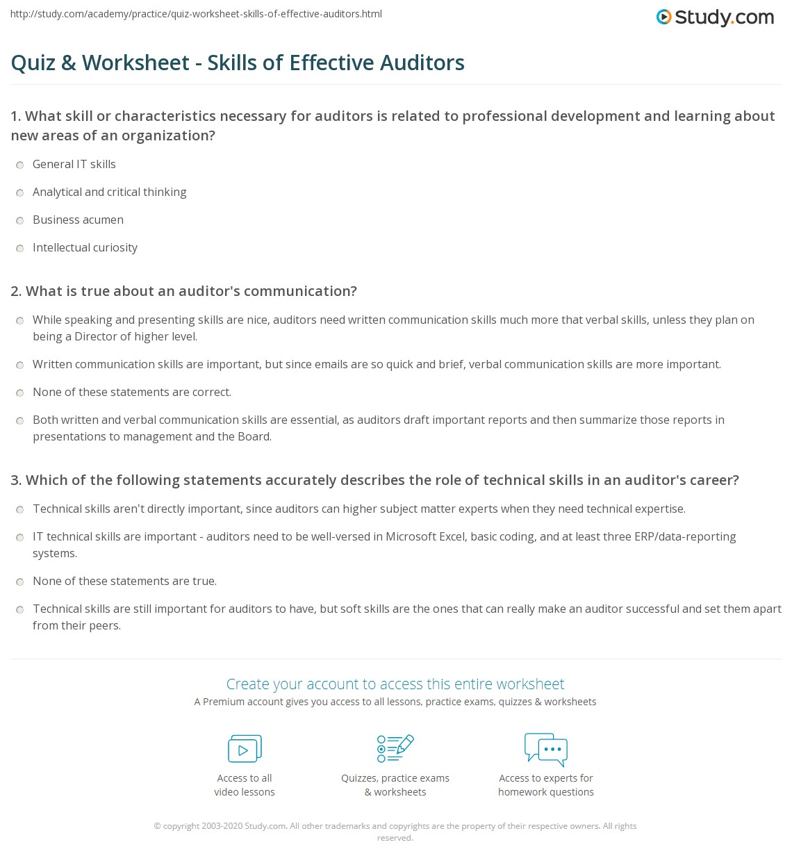 Quiz & Worksheet - Skills of Effective Auditors | Study.com