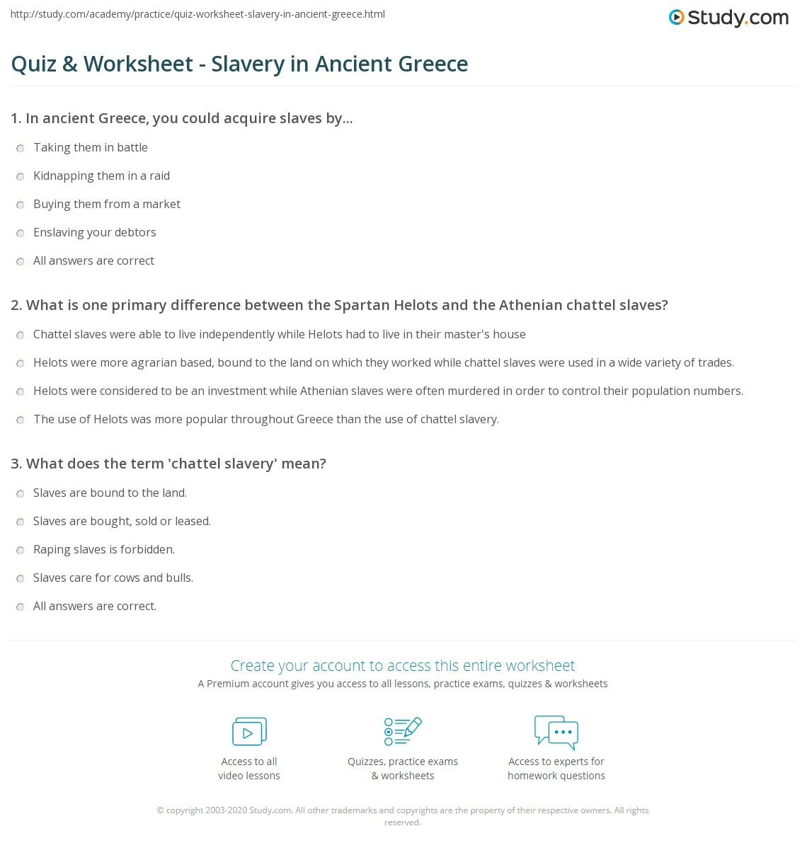 Quiz & Worksheet - Slavery in Ancient Greece | Study.com