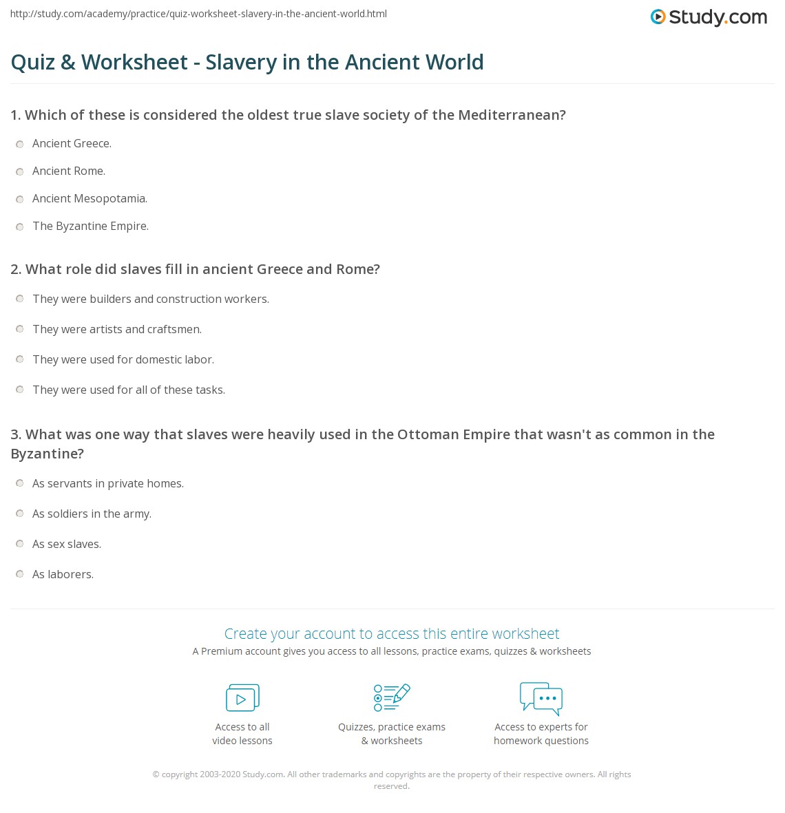Quiz & Worksheet - Slavery in the Ancient World | Study.com