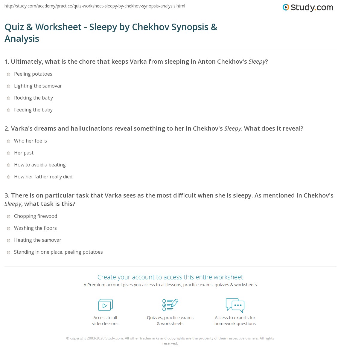 Quiz & Worksheet - Sleepy by Chekhov Synopsis & Analysis | Study.com
