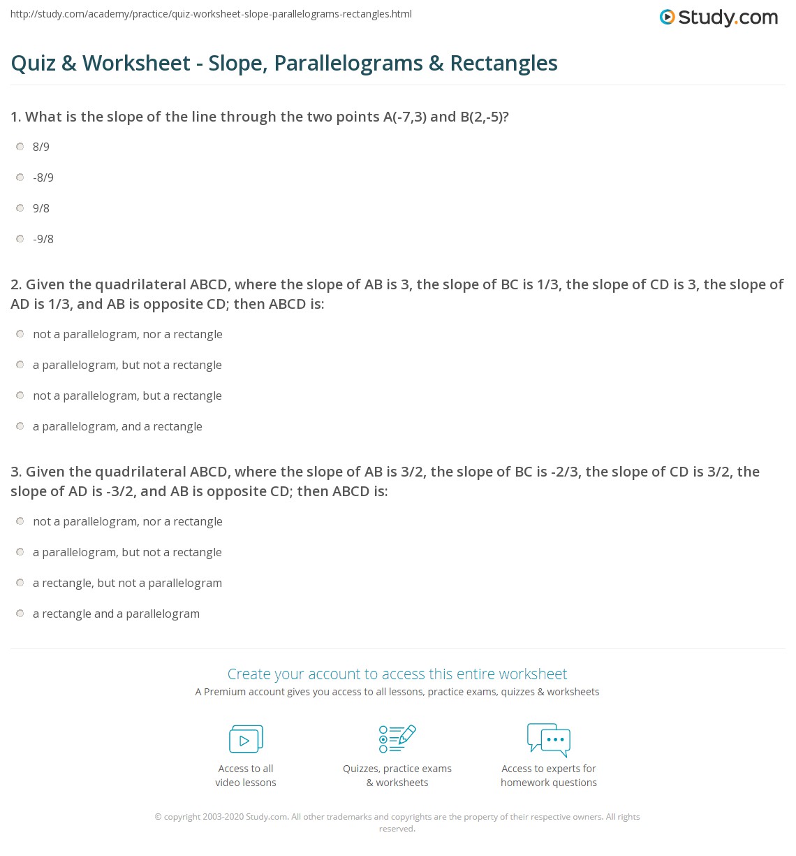 Quiz & Worksheet - Slope, Parallelograms & Rectangles | Study.com