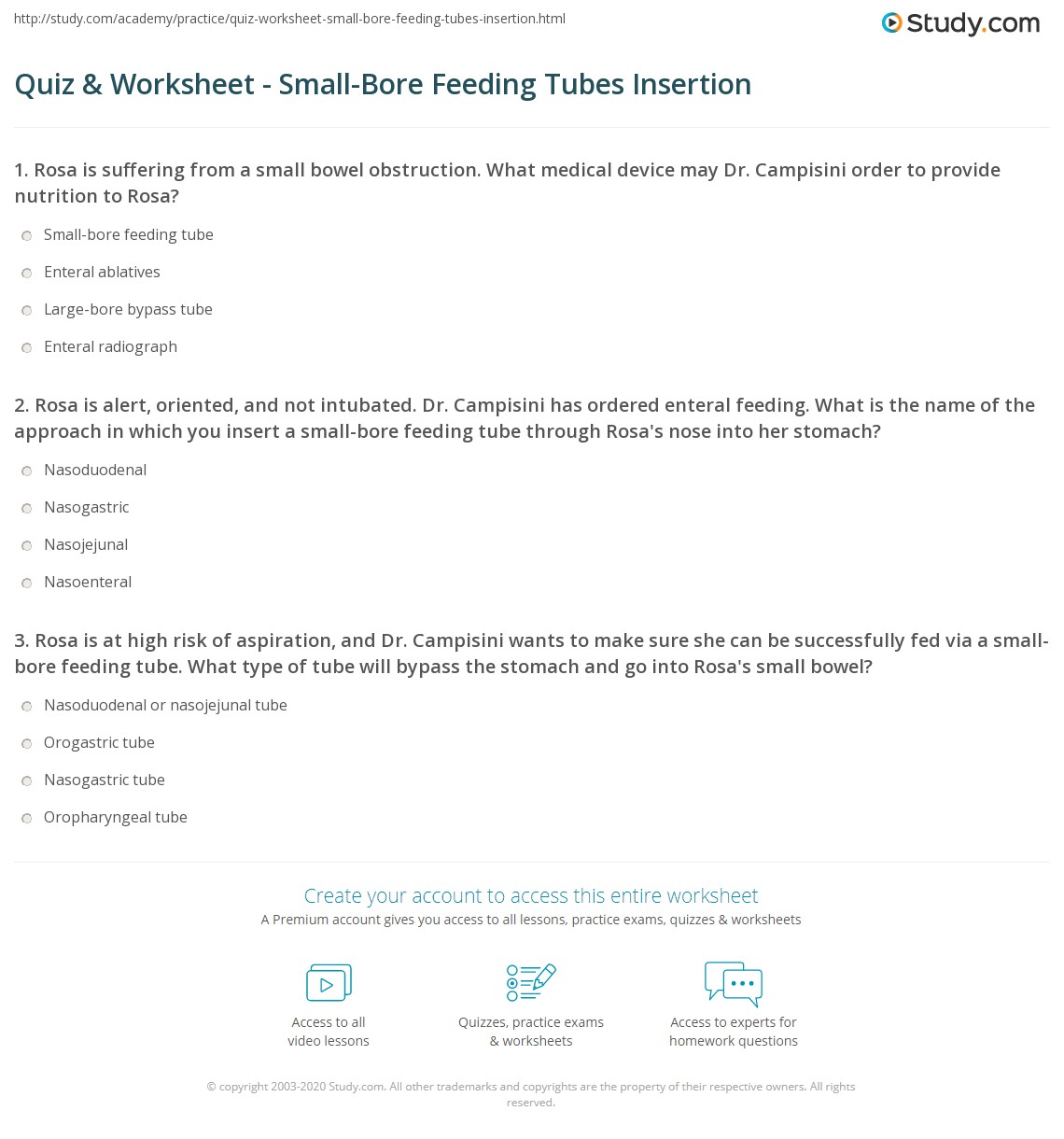 Quiz & Worksheet - Small-Bore Feeding Tubes Insertion | Study.com