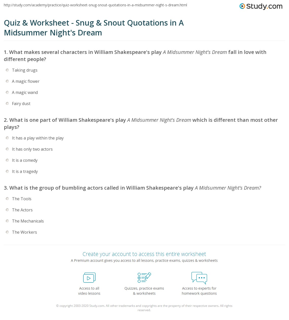 Quiz & Worksheet - Snug & Snout Quotations in A Midsummer Night's Dream ...