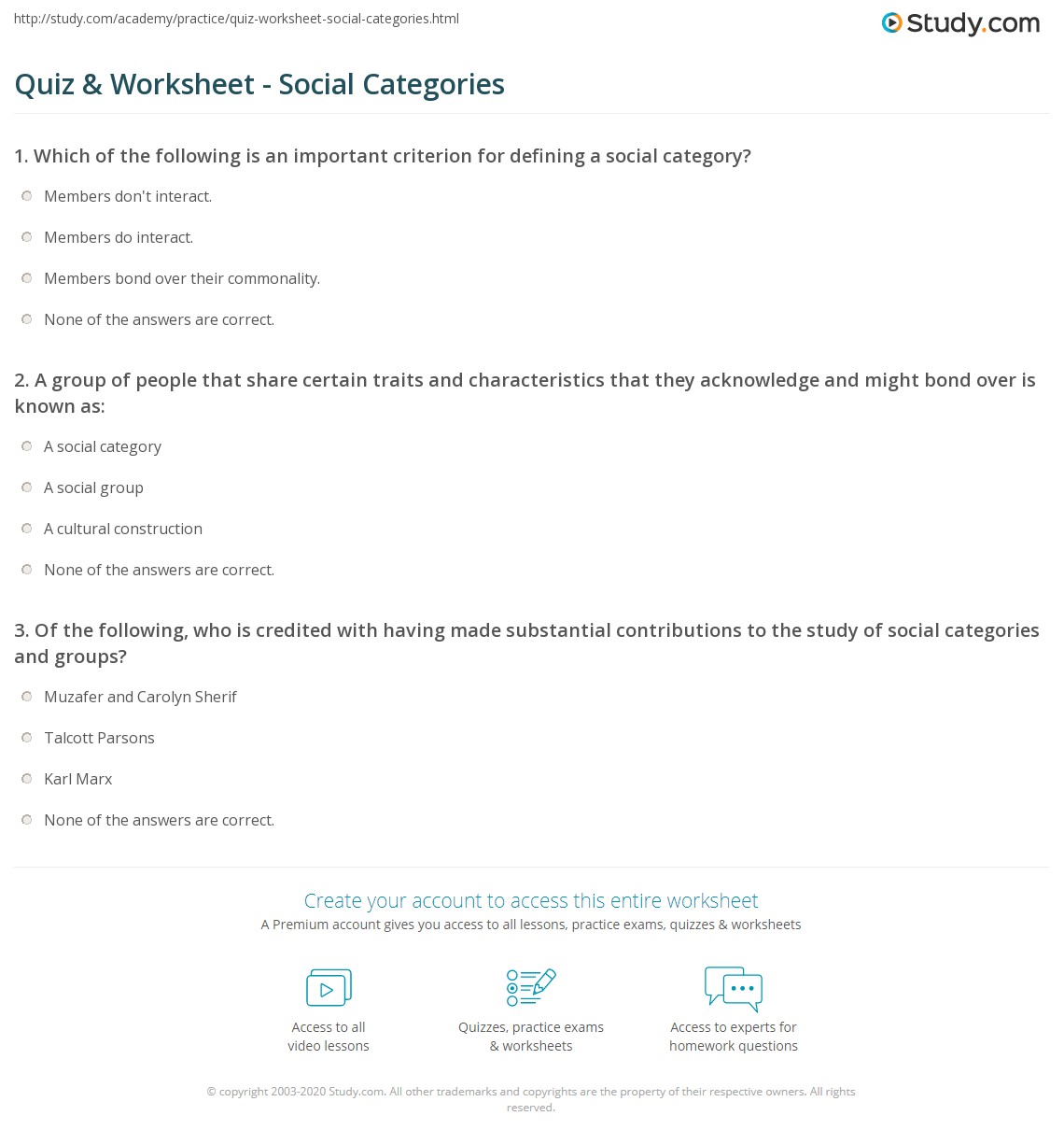 Quiz & Worksheet - Social Categories | Study.com