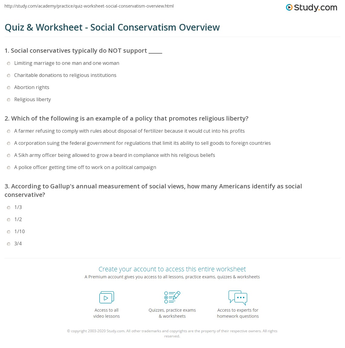 Quiz & Worksheet - Social Conservatism Overview | Study.com