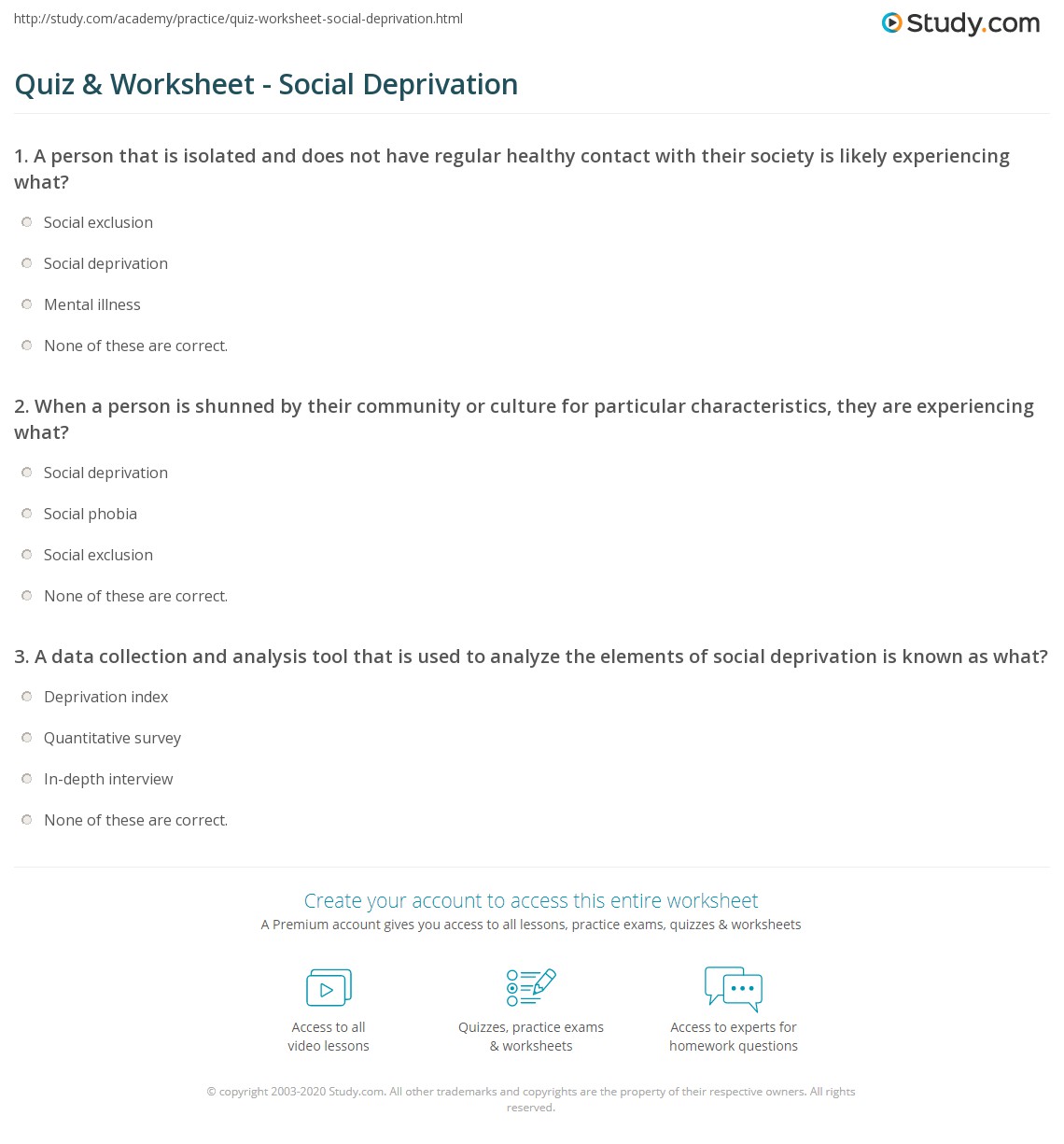 Quiz & Worksheet - Social Deprivation | Study.com