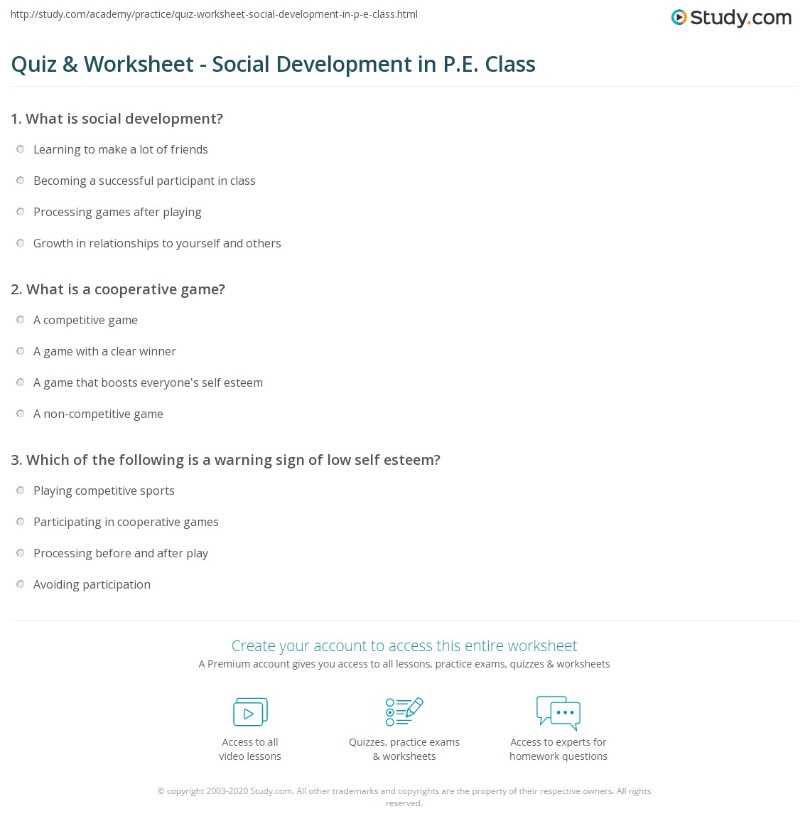 Quiz & Worksheet - Social Development in P.E. Class | Study.com
