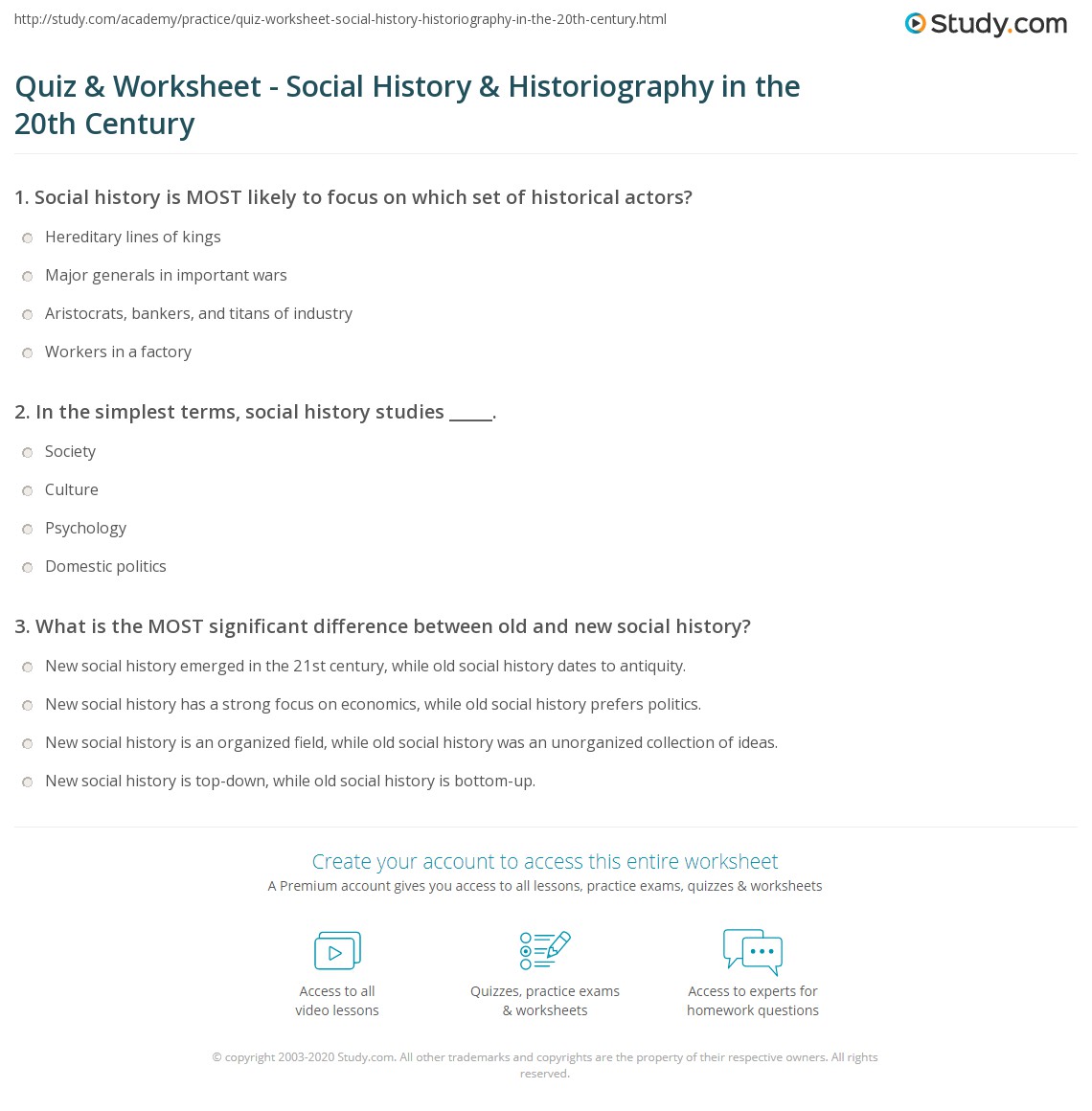 Quiz & Worksheet - Social History & Historiography in the 20th Century ...
