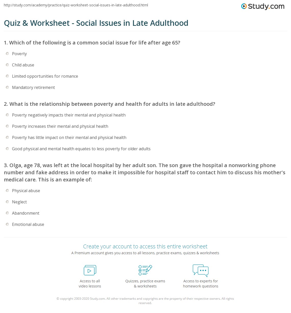 Quiz & Worksheet - Social Issues in Late Adulthood | Study.com