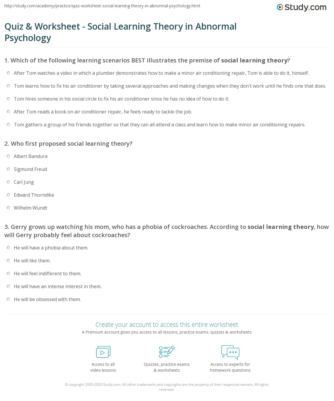 Quiz & Worksheet - Social Learning Theory in Abnormal Psychology ...
