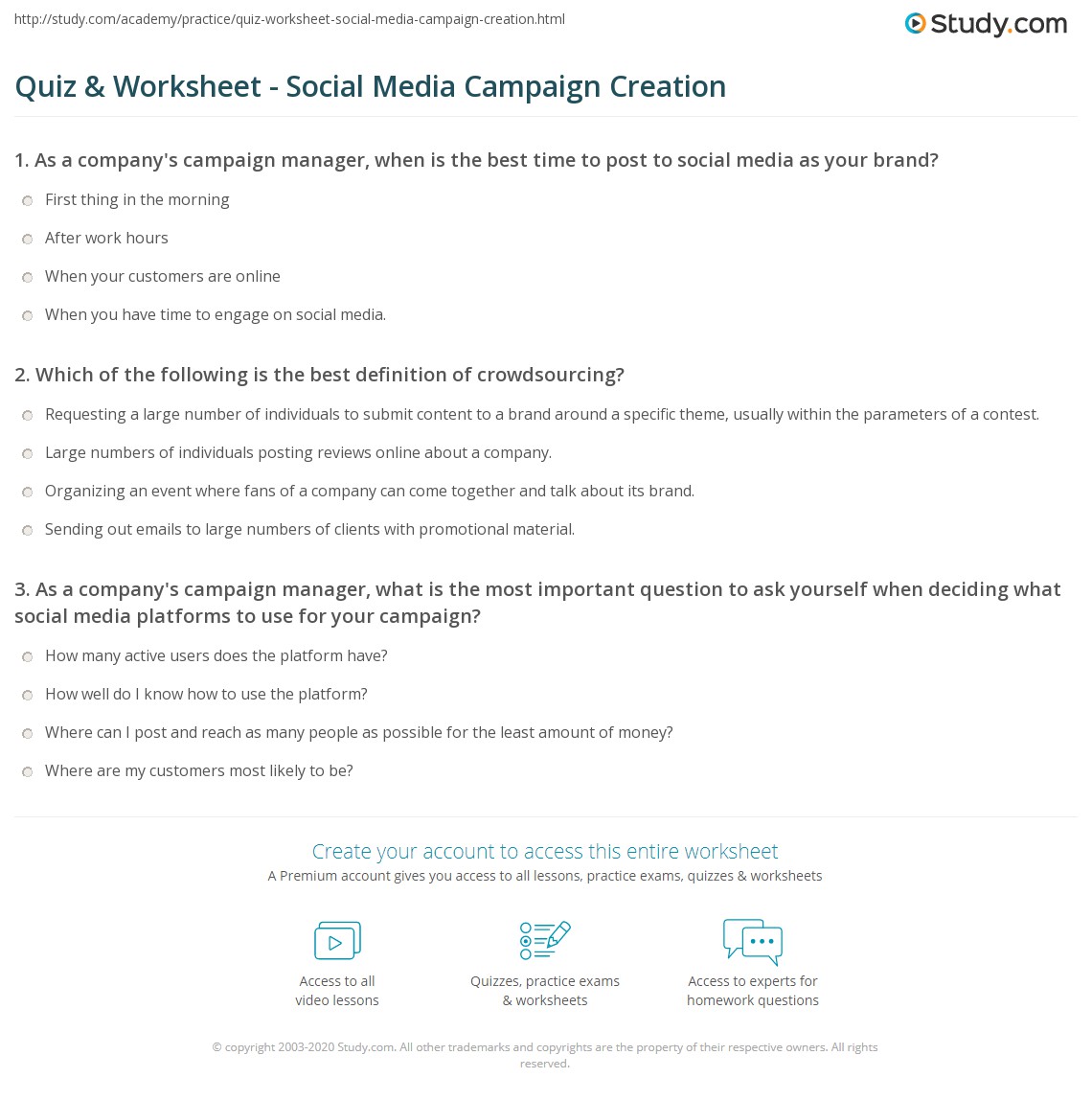 Quiz & Worksheet - Social Media Campaign Creation | Study.com