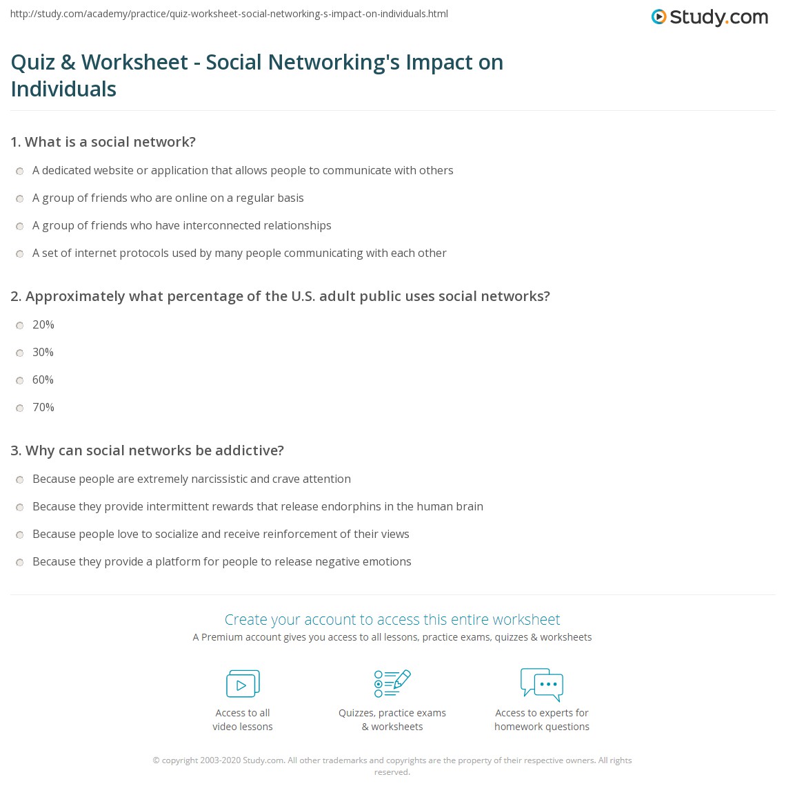 Quiz & Worksheet - Social Networking's Impact on Individuals | Study.com