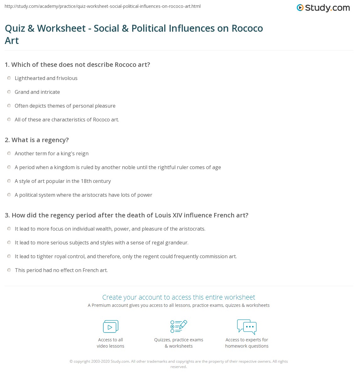 Quiz & Worksheet - Social & Political Influences on Rococo Art | Study.com