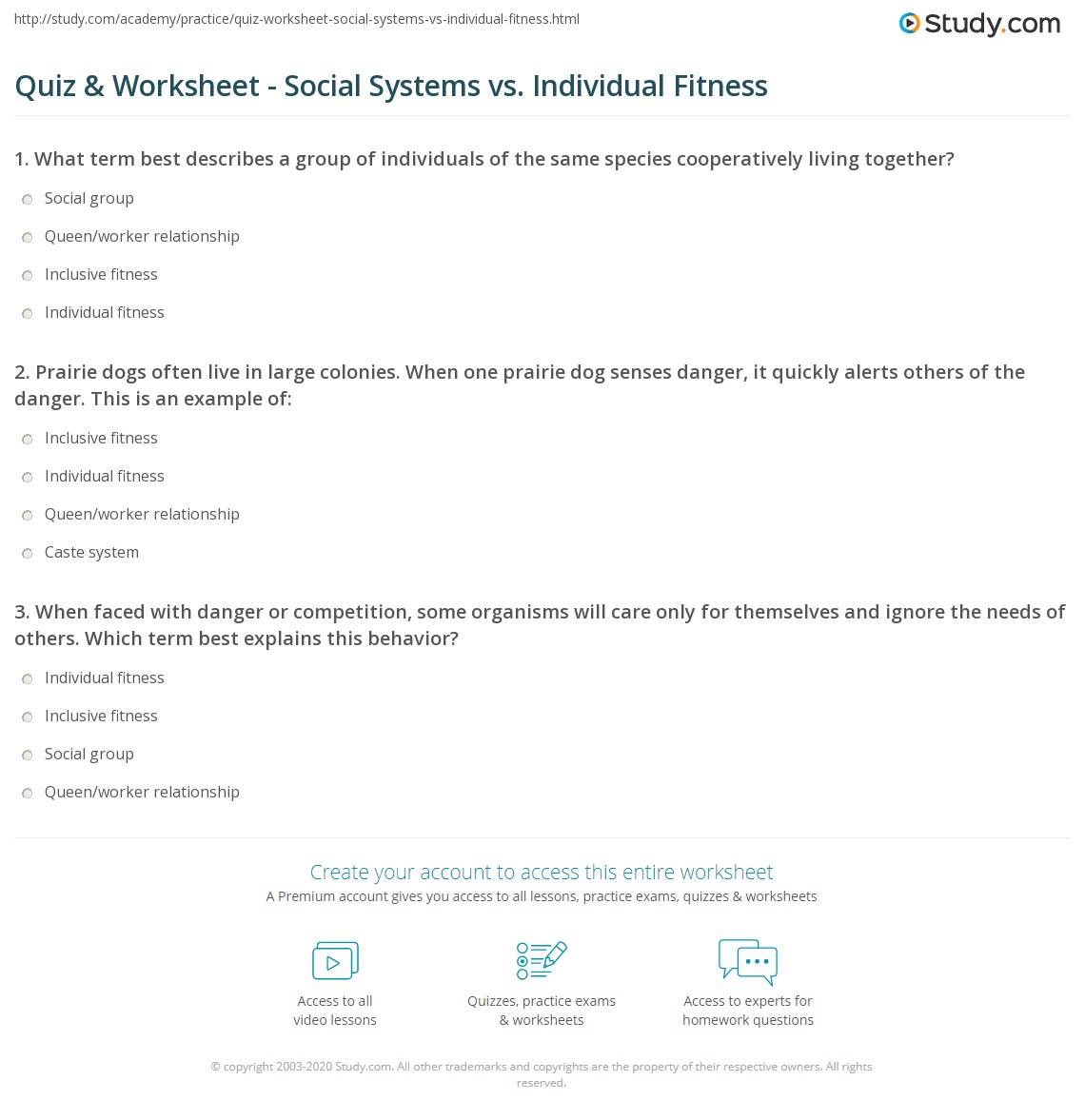 Quiz & Worksheet - Social Systems vs. Individual Fitness | Study.com