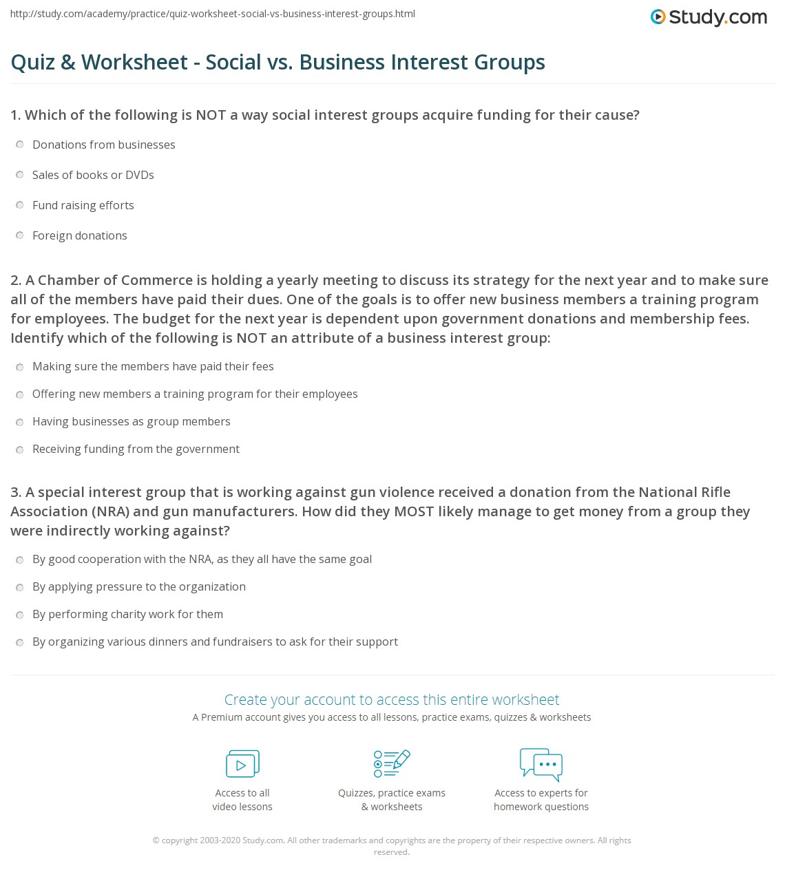 Quiz & Worksheet - Social vs. Business Interest Groups | Study.com