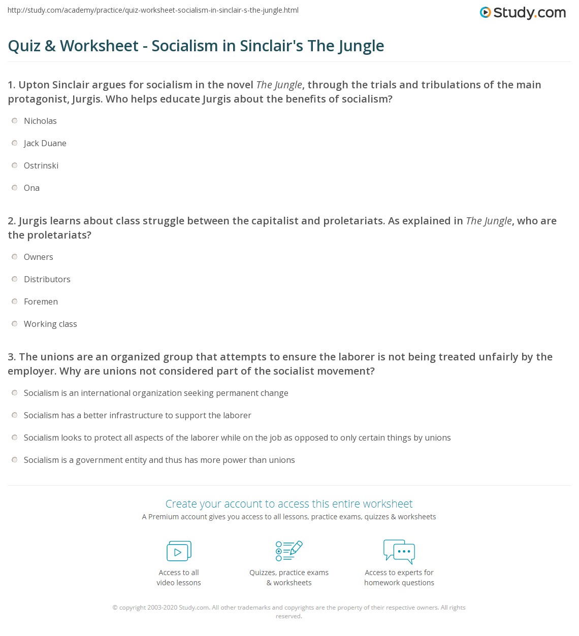 Quiz & Worksheet - Socialism in Sinclair's The Jungle | Study.com