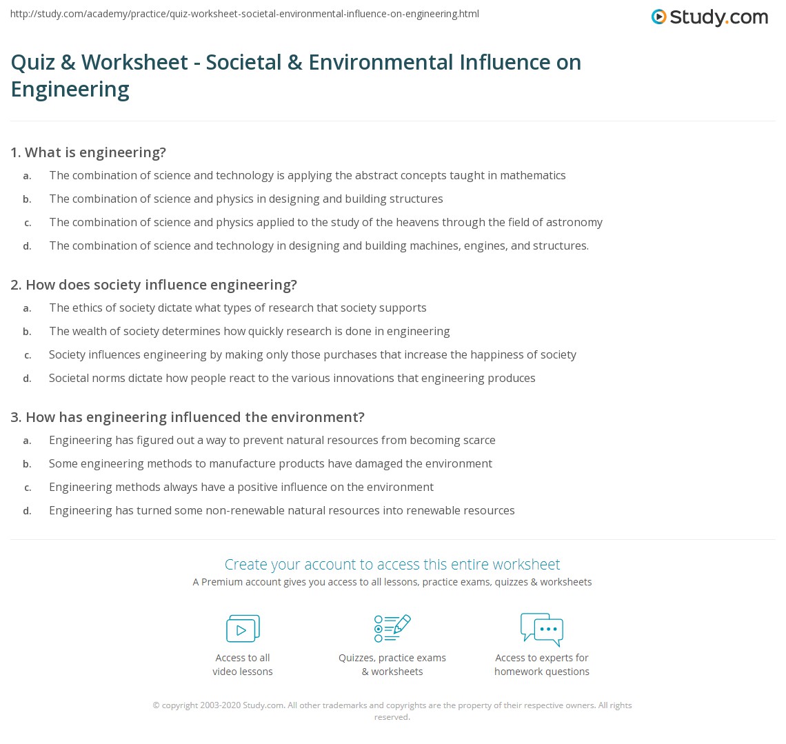 Quiz & Worksheet - Societal & Environmental Influence on Engineering ...