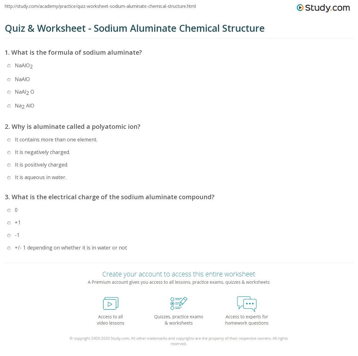 Quiz & Worksheet - Sodium Aluminate Chemical Structure | Study.com