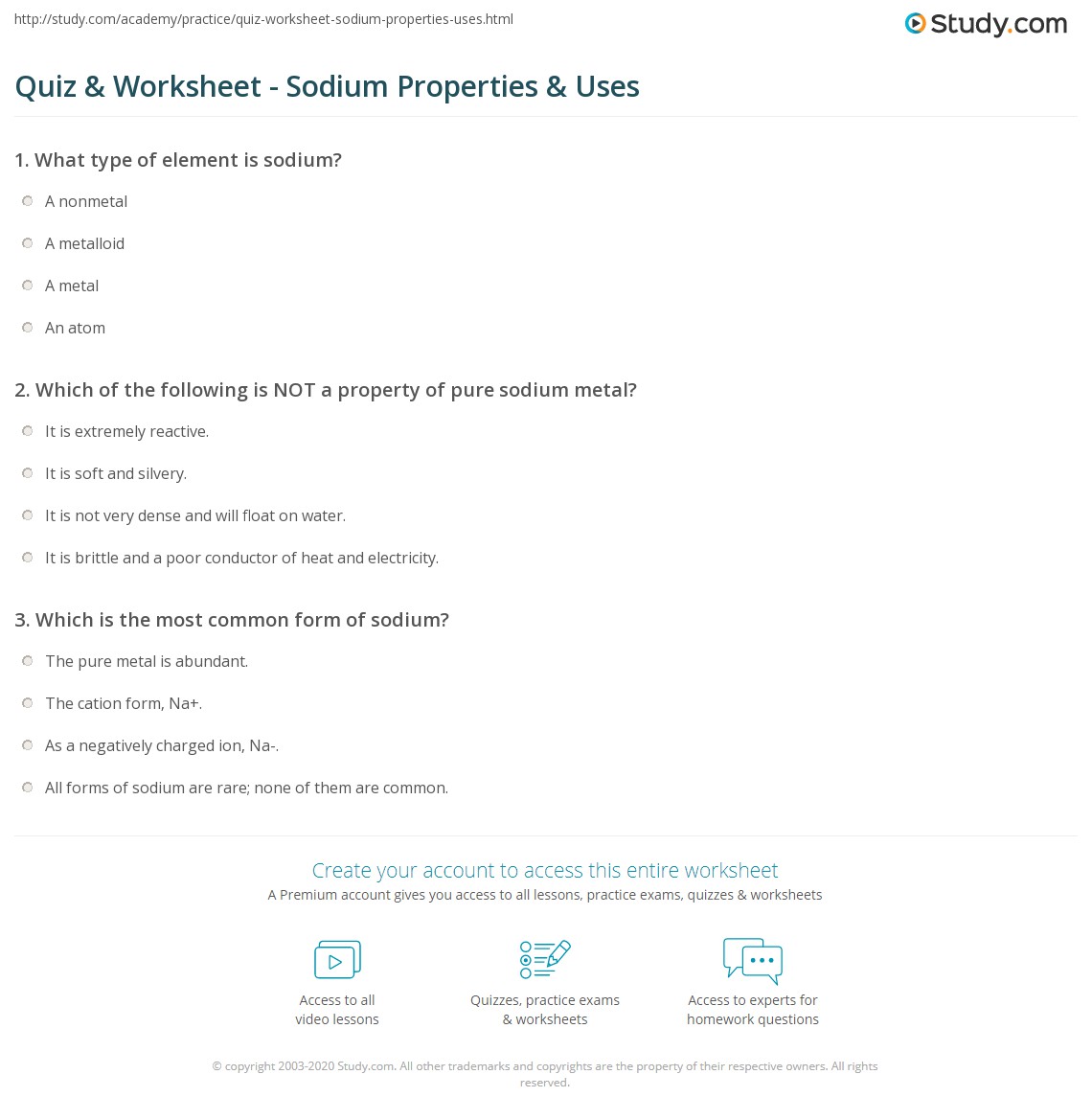 Quiz & Worksheet - Sodium Properties & Uses | Study.com