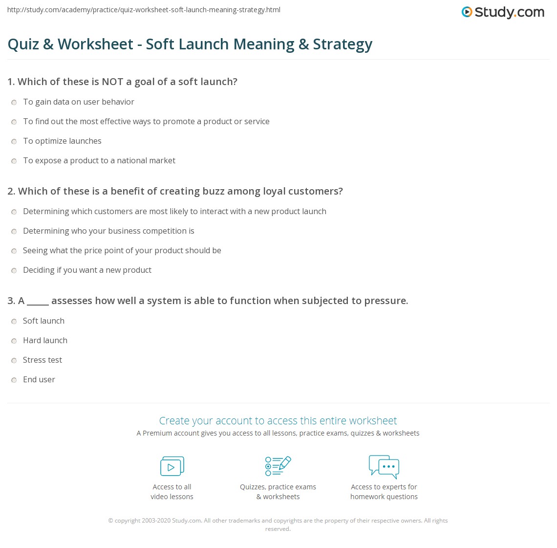 Quiz Worksheet Soft Launch Meaning Strategy Study