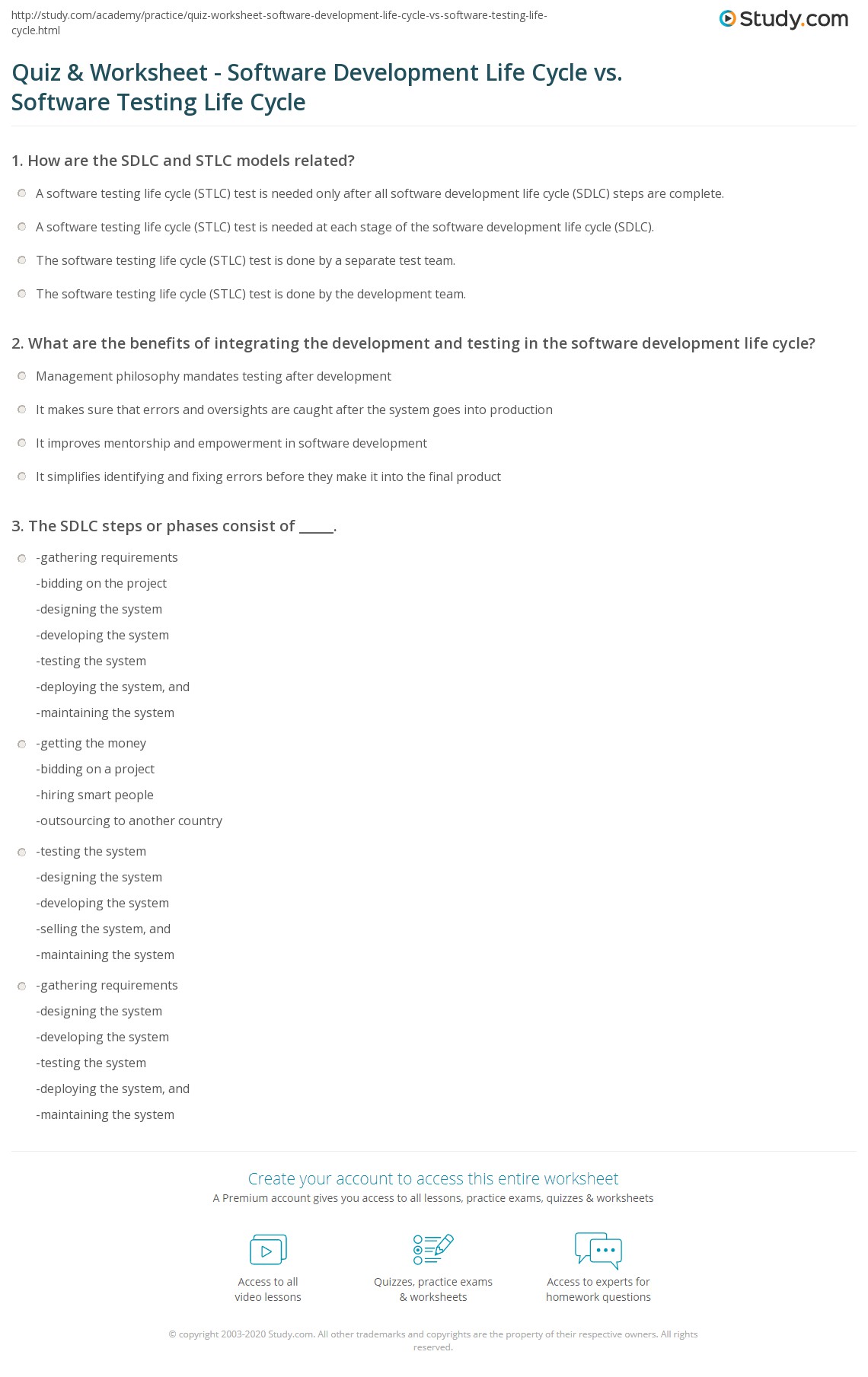 Quiz & Worksheet - Software Development Life Cycle vs. Software Testing ...