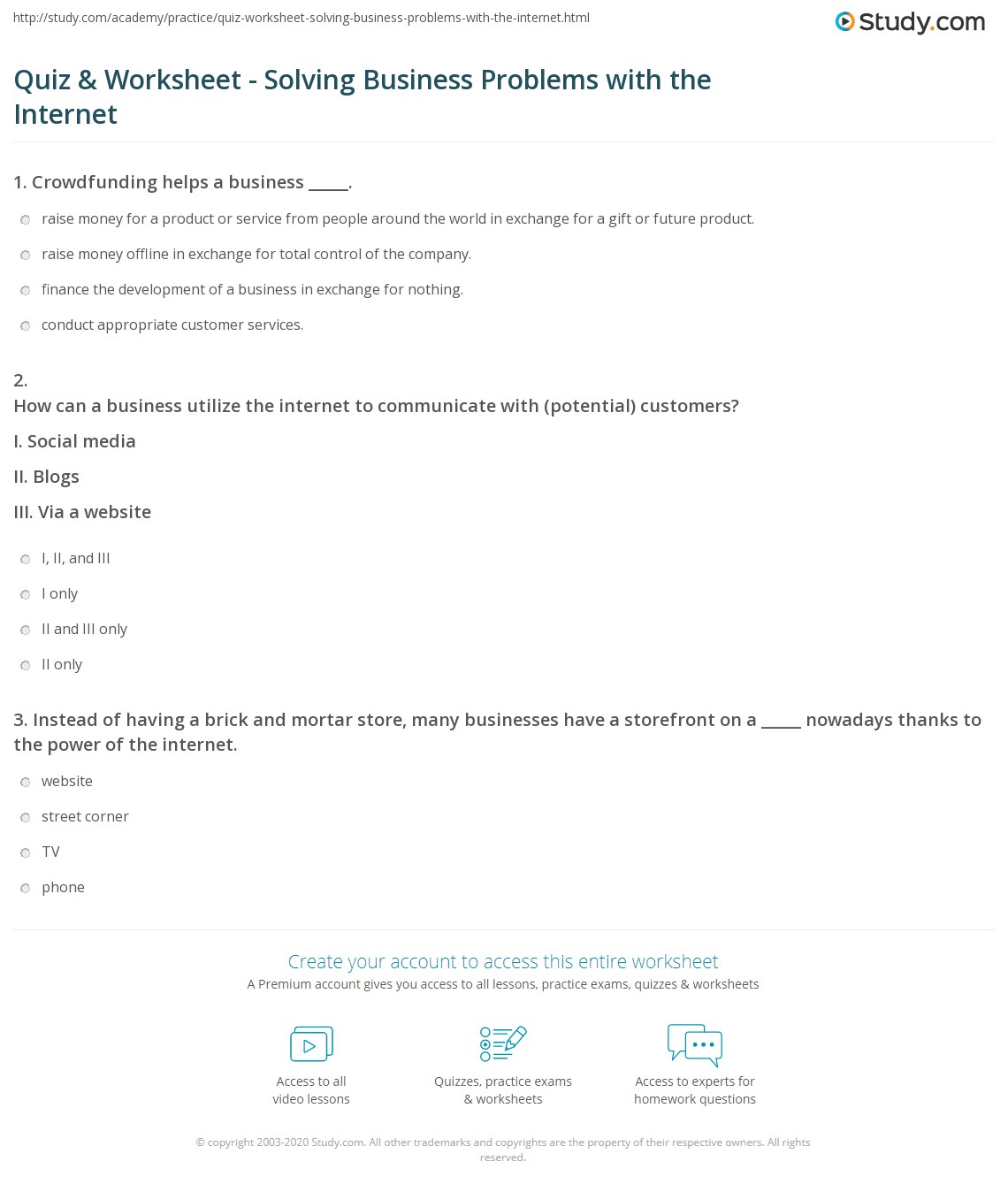 Quiz & Worksheet - Solving Business Problems with the Internet | Study.com