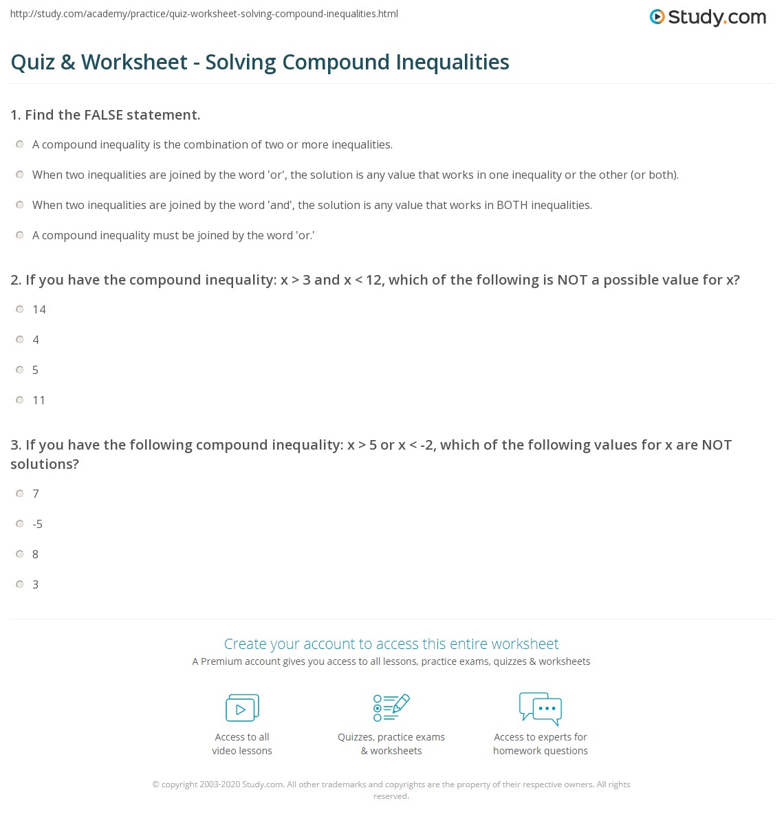 Quiz Worksheet Solving Compound Inequalities Study Quiz Worksheet Solving Compound Inequalities Study