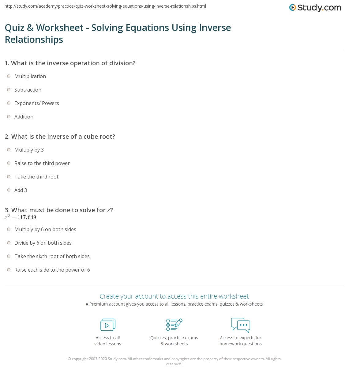 Quiz & Worksheet - Solving Equations Using Inverse Relationships ...